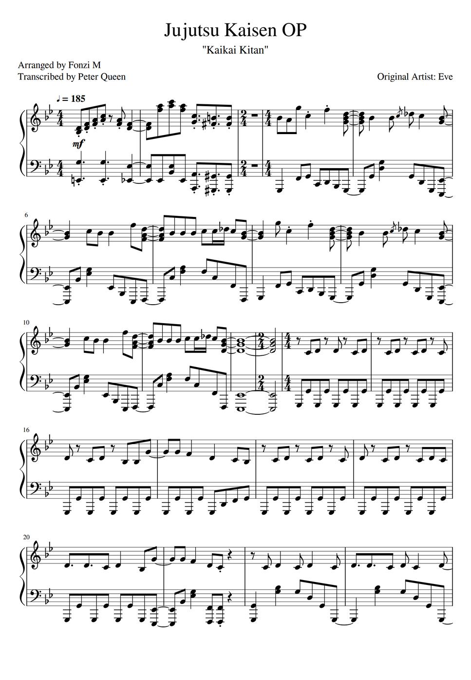 Eve - Jujutsu Kaisen OP - "Kaikai Kitan" by Fonzi M Sheet
