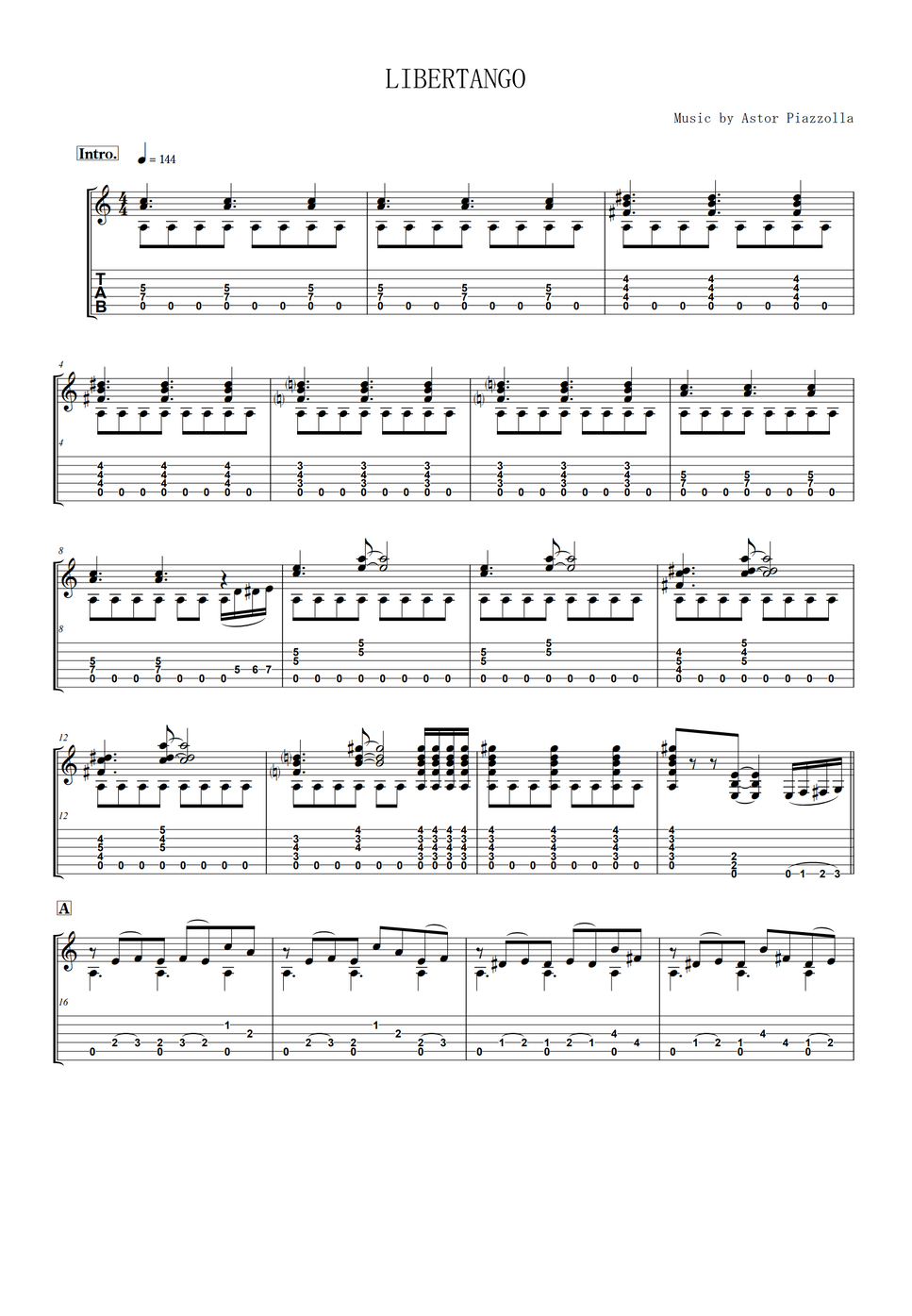 Astor Piazzolla - Libertango 【Solo Guitar TAB】 by shindome Partition ...