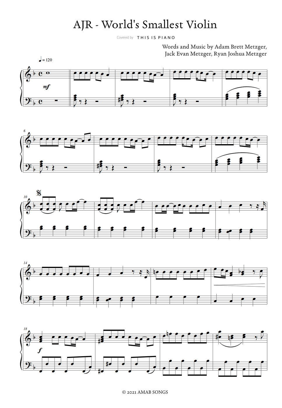 AJR - World's Smallest Violin (Easy Version) by THIS IS PIANO Sheet
