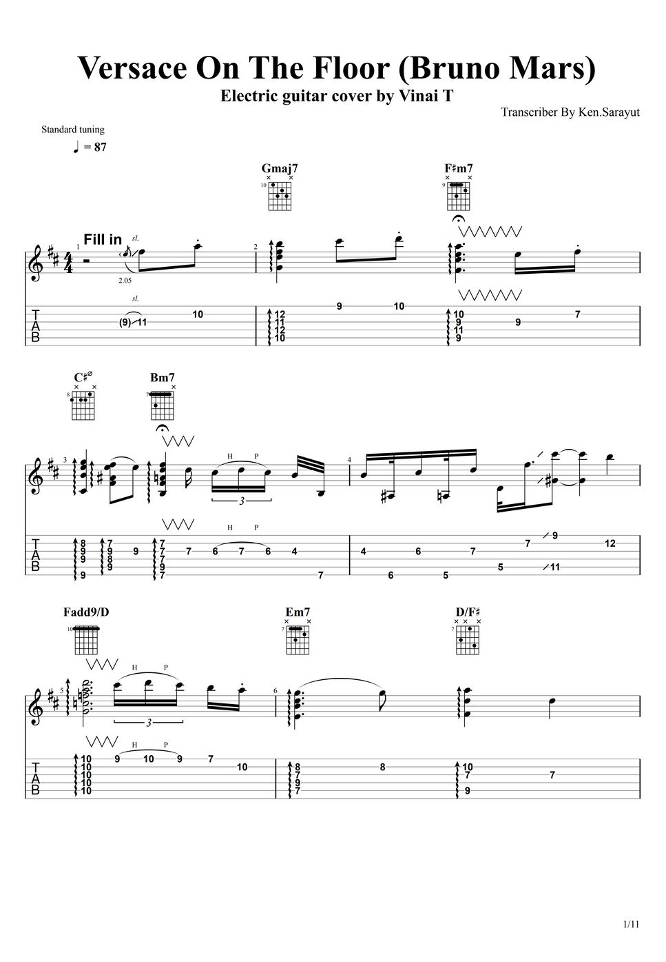 Bruno Mars - Versace On The Floor Tab + pontuação de linha única by Vinai T