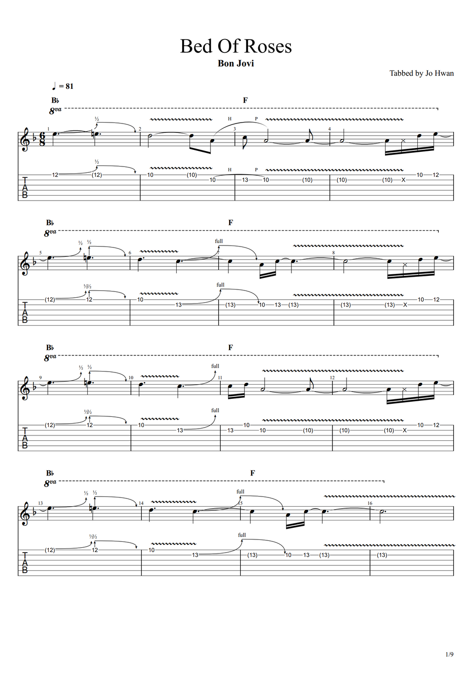 Bon Jovi - Bed Of Roses Tab + Partition à une seule portée by Jo Hwan
