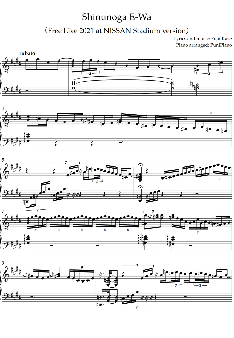 Fujii Kaze - Shinunoga E-Wa Sheet by PuniPiano