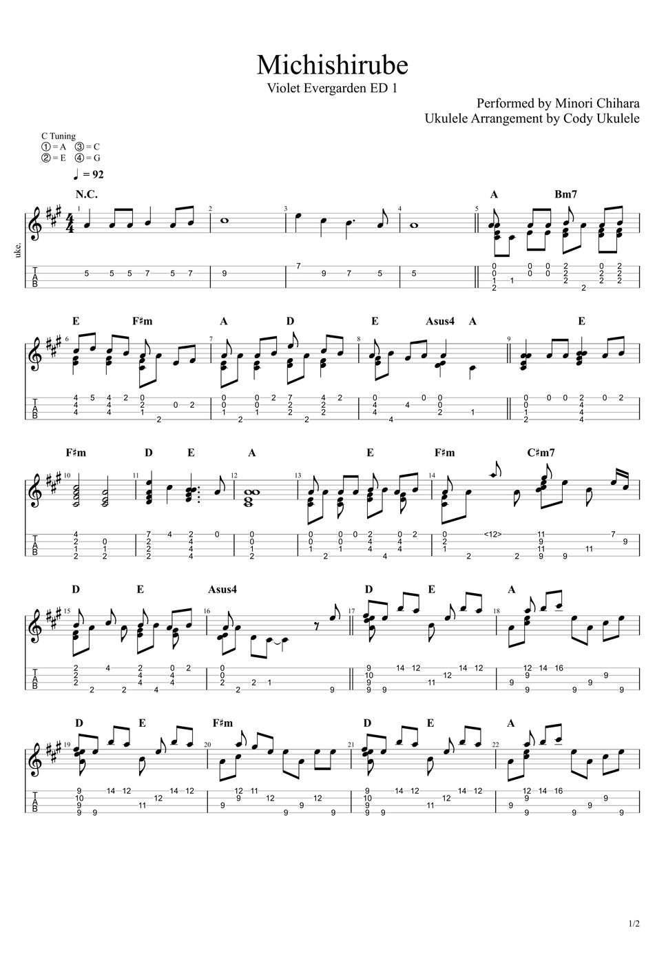 Minori Chihara - Michishirube Tab + 1staff by Cody Ukulele