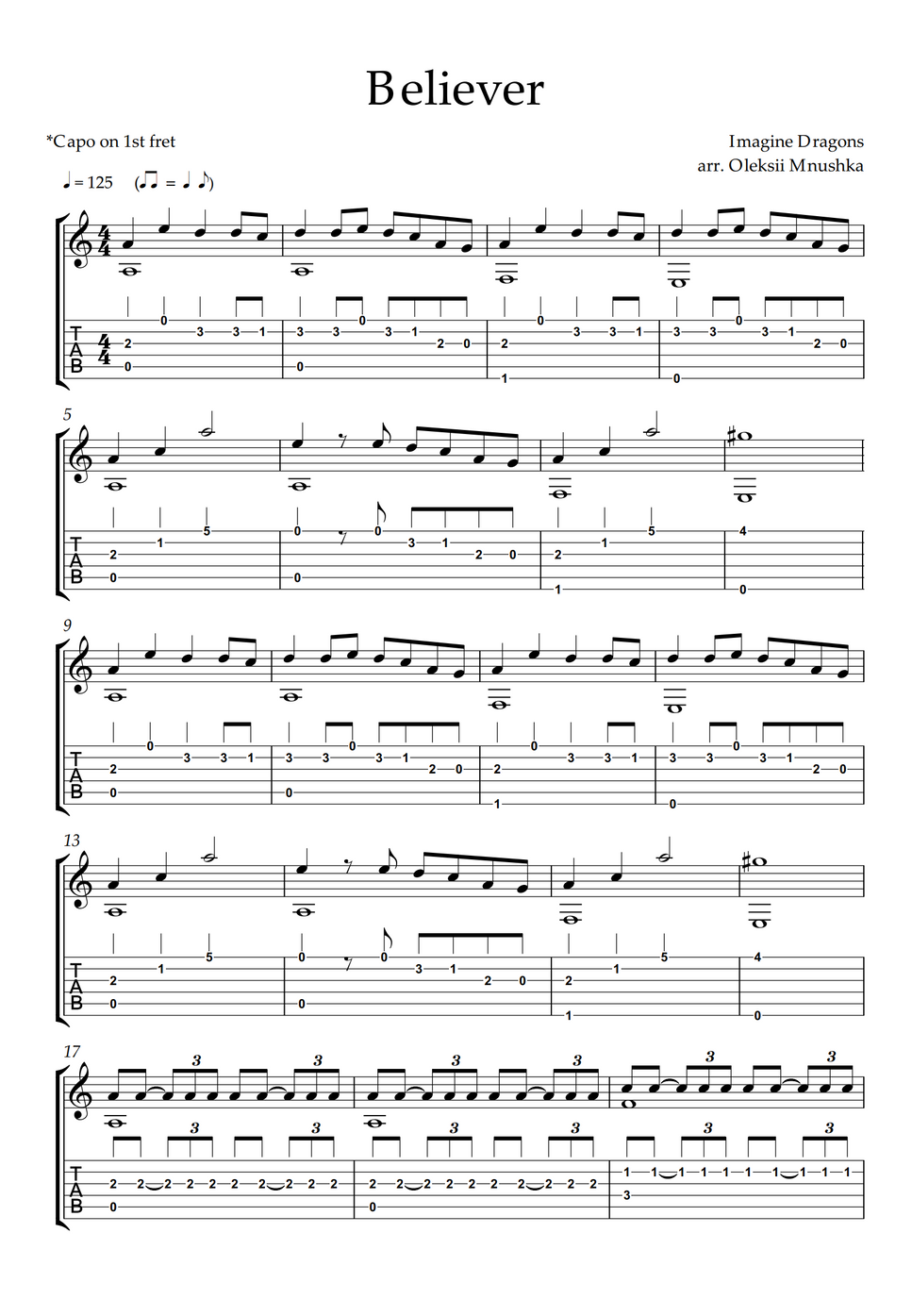 Imagine Dragons - Believer by Oleksii Mnushka Tabulatura + 1 pięciolinia Nuty
