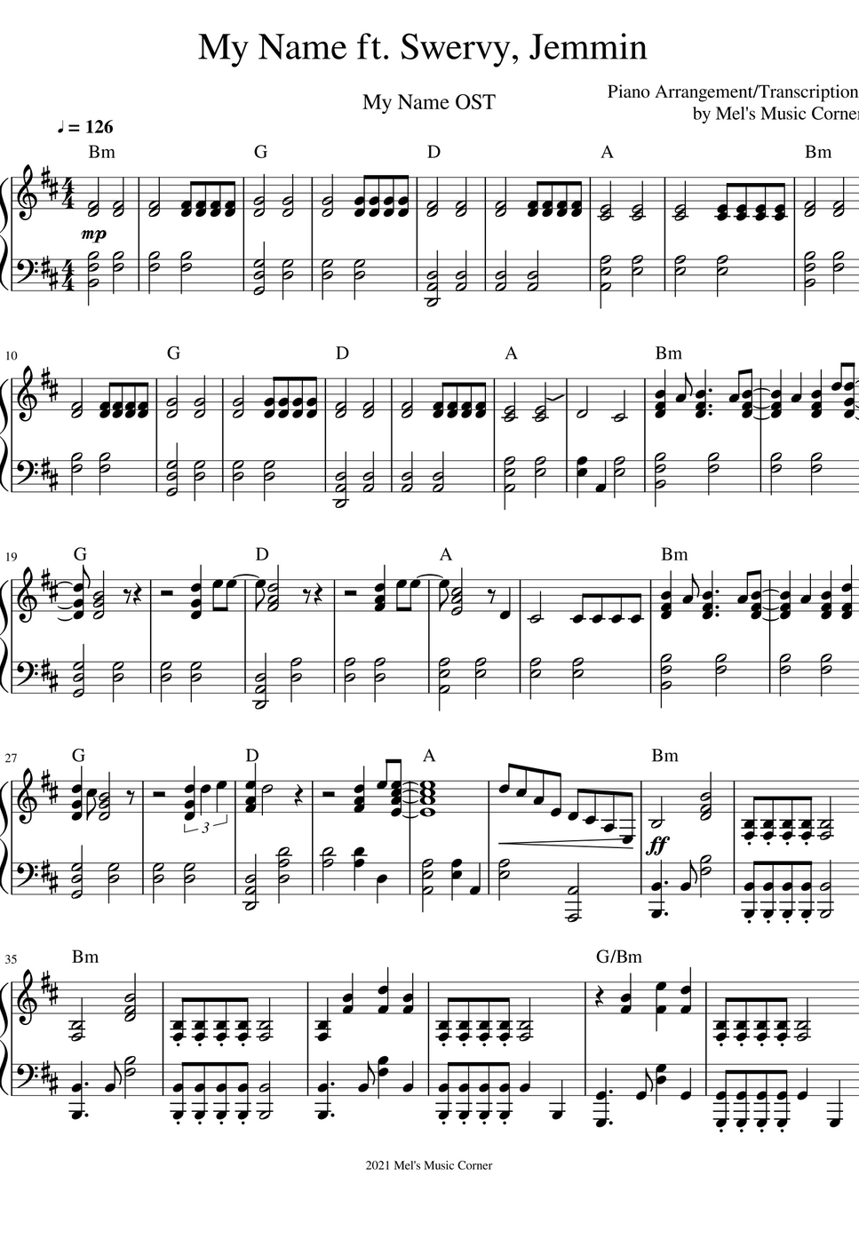 Jemmin feat. Swervy - My Name (piano sheet music) by Mel's Music Corner ...