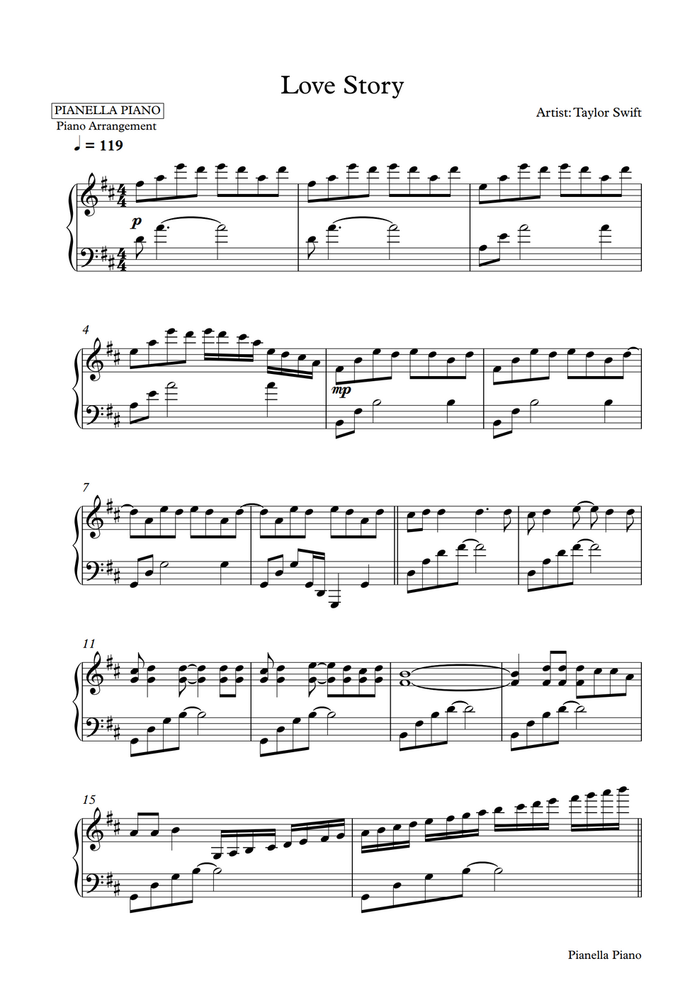 Taylor Swift - Love Story (Piano Sheet) Notenblatt by Pianella Piano