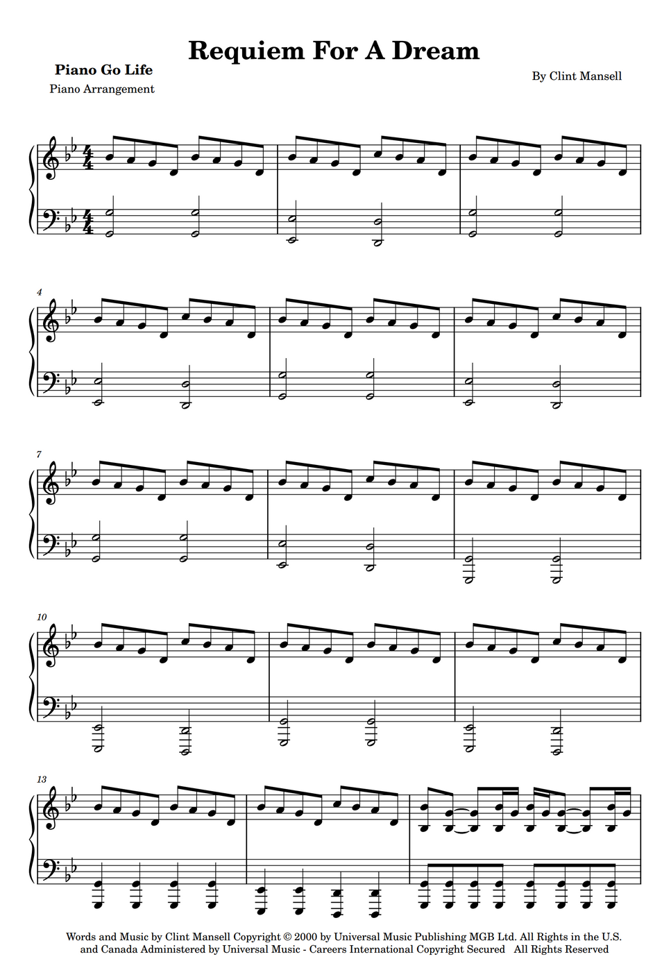 Lux Aeterna - Requiem For A Dream (Clint Mansell) 악보 by Piano Go Life