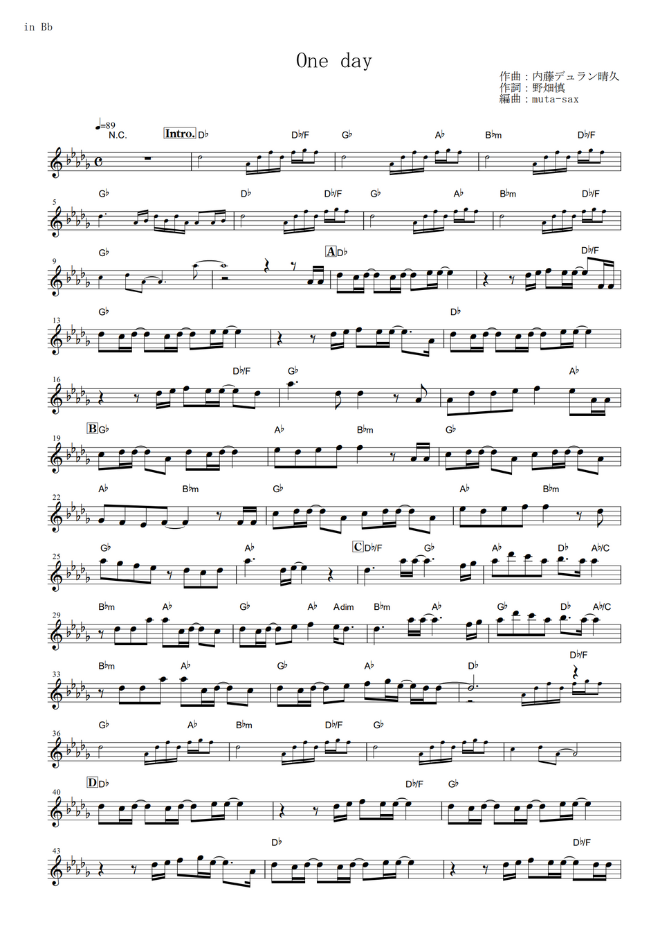 The ROOTLESS - One day (One Piece / in Bb) by muta-sax Partition musicale