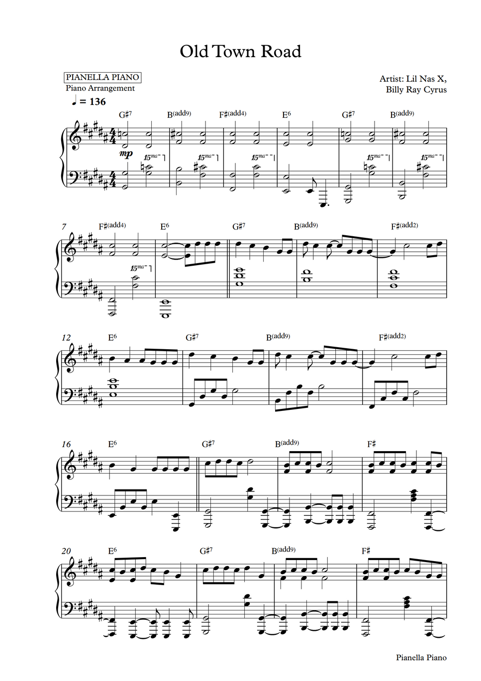 Lil Nas X Billy Ray Cyrus Old Town Road Piano Sheet By Pianella Piano 樂譜