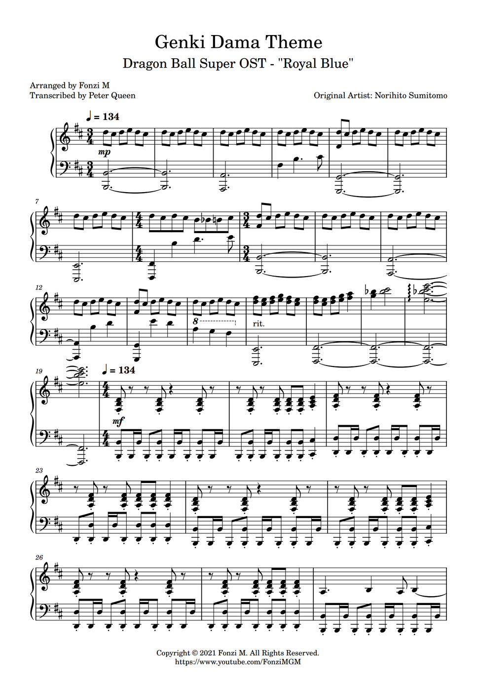 Norihito Sumitomo - Dragon Ball Super OST - "Genki Dama Theme" / "Royal Blue" by Fonzi M楽譜