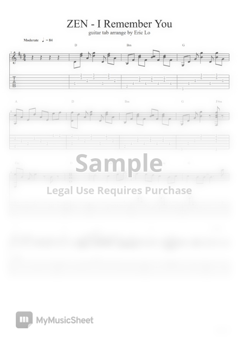 ZEN - I Remember You full song guitar tab arrange by eric lo Notenblatt