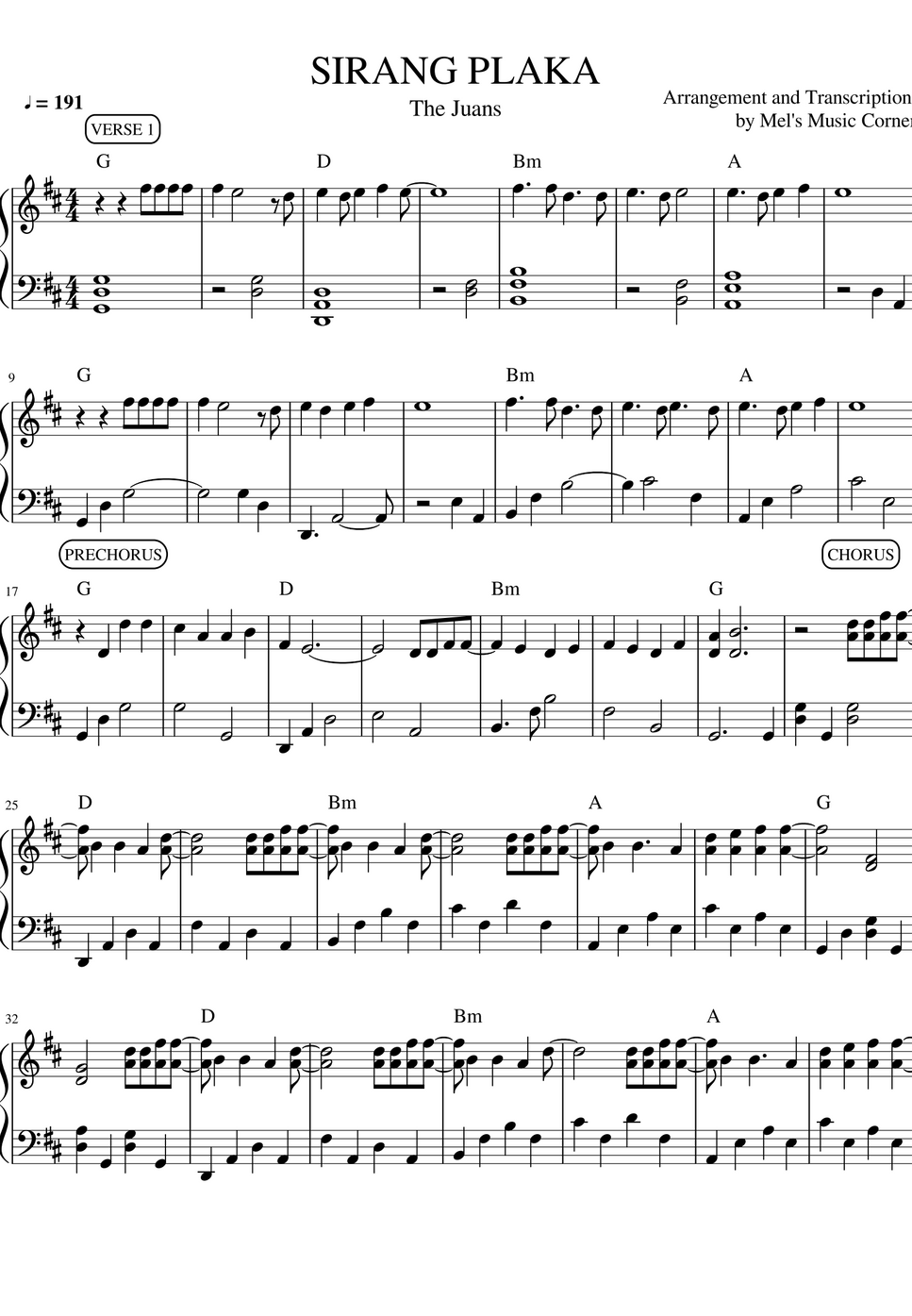 The Juans - Sirang Plaka (piano sheet music) by Mel's Music Corner ...