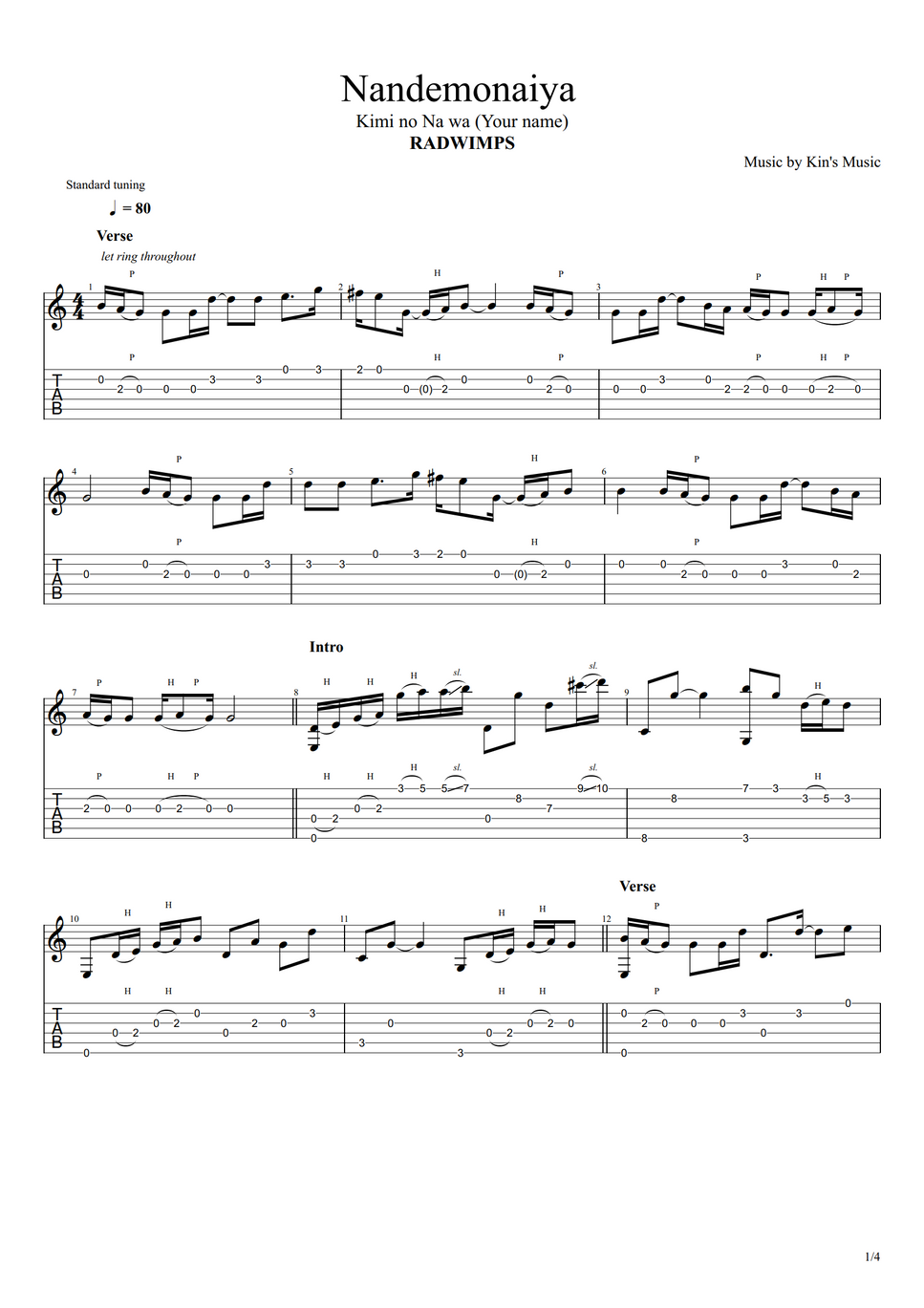 RADWIMPS - Nandemonaiya Kimi no Na wa (Your name)[Easy Guitar Fingerstyle For Beginner] by Kin's ...