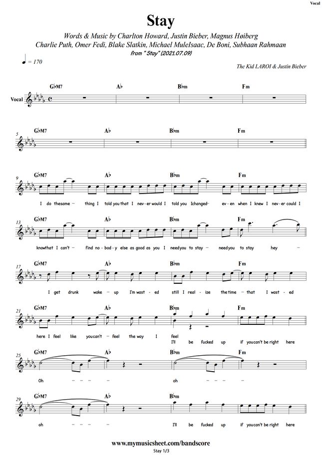 The Kid LAROI, Justin Bieber - Stay | Band Score Sheet