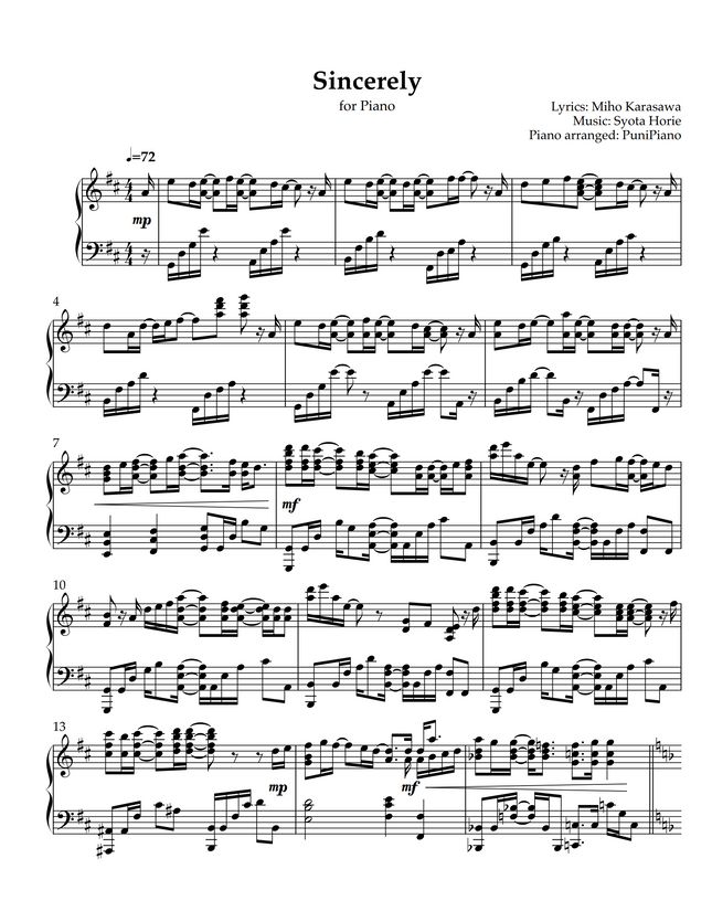 TRUE - Sincerely by PuniPiano Sheet Music