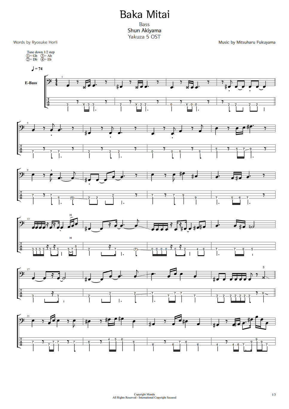 Mitsuharu Fukuyama - Baka Mitai (Bass TAB) by Mandu Sheet