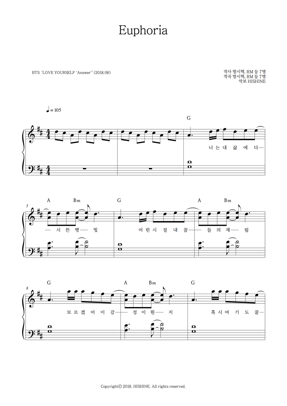 BTS 'Euphoria' Piano Sheet Music Partition musicale