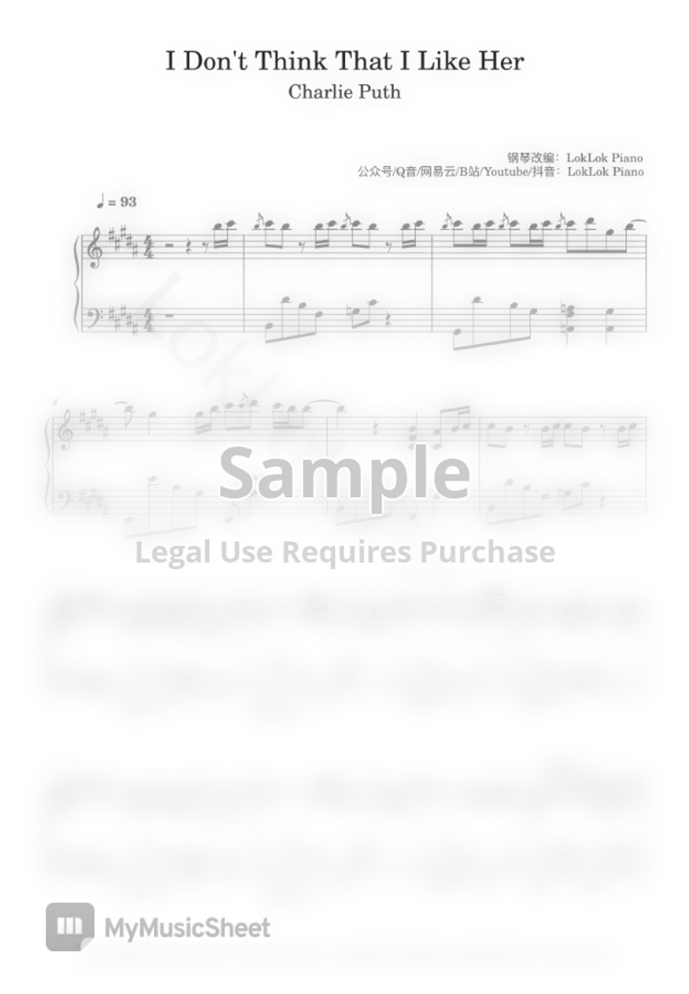 Charlie Puth - I Don't Think That I Like Her by LokLok Piano Partitura