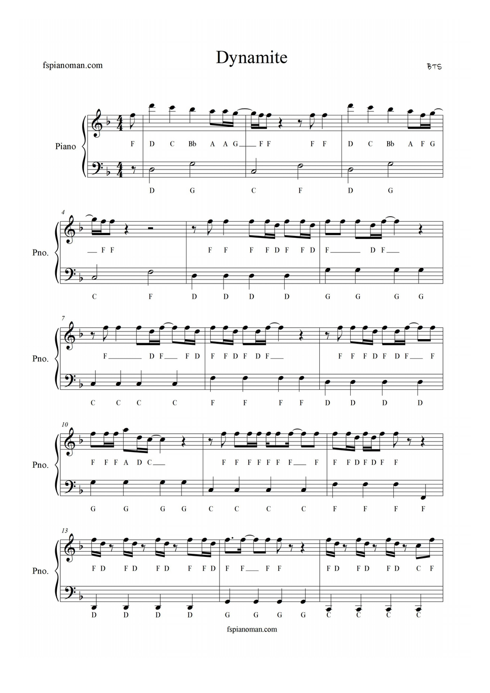 BTS - Dynamite(Notes Sheet Music for Piano ) by freestyle pianoman Sheet