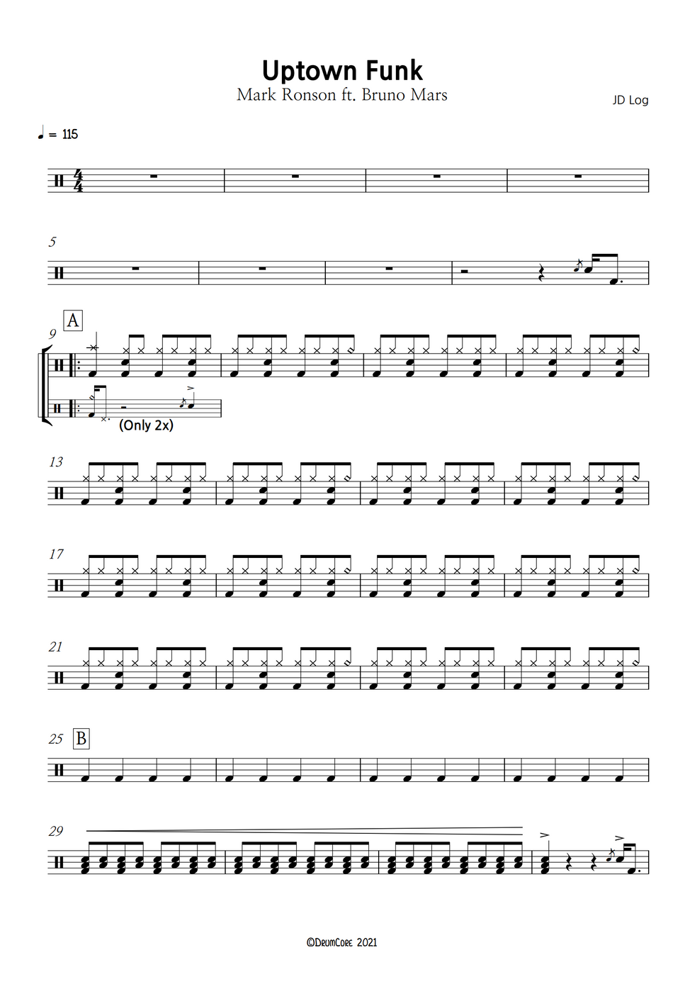 Mark Ronson ft. Bruno Mars - Uptown Funk 악보 by DrumCore