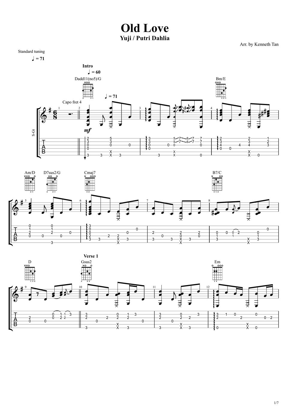 Yuji / Putri Dahlia | Fingerstyle Guitar - Old Love TAB by Kenneth Acoustic