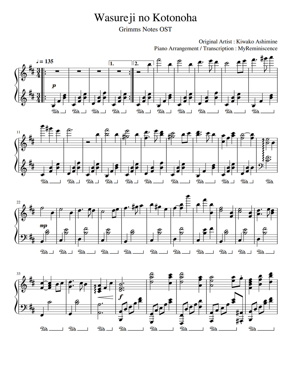 Kiwako Ashimine - Wasureji no Kotonoha by Aoryn (MyReminiscence) Partitura