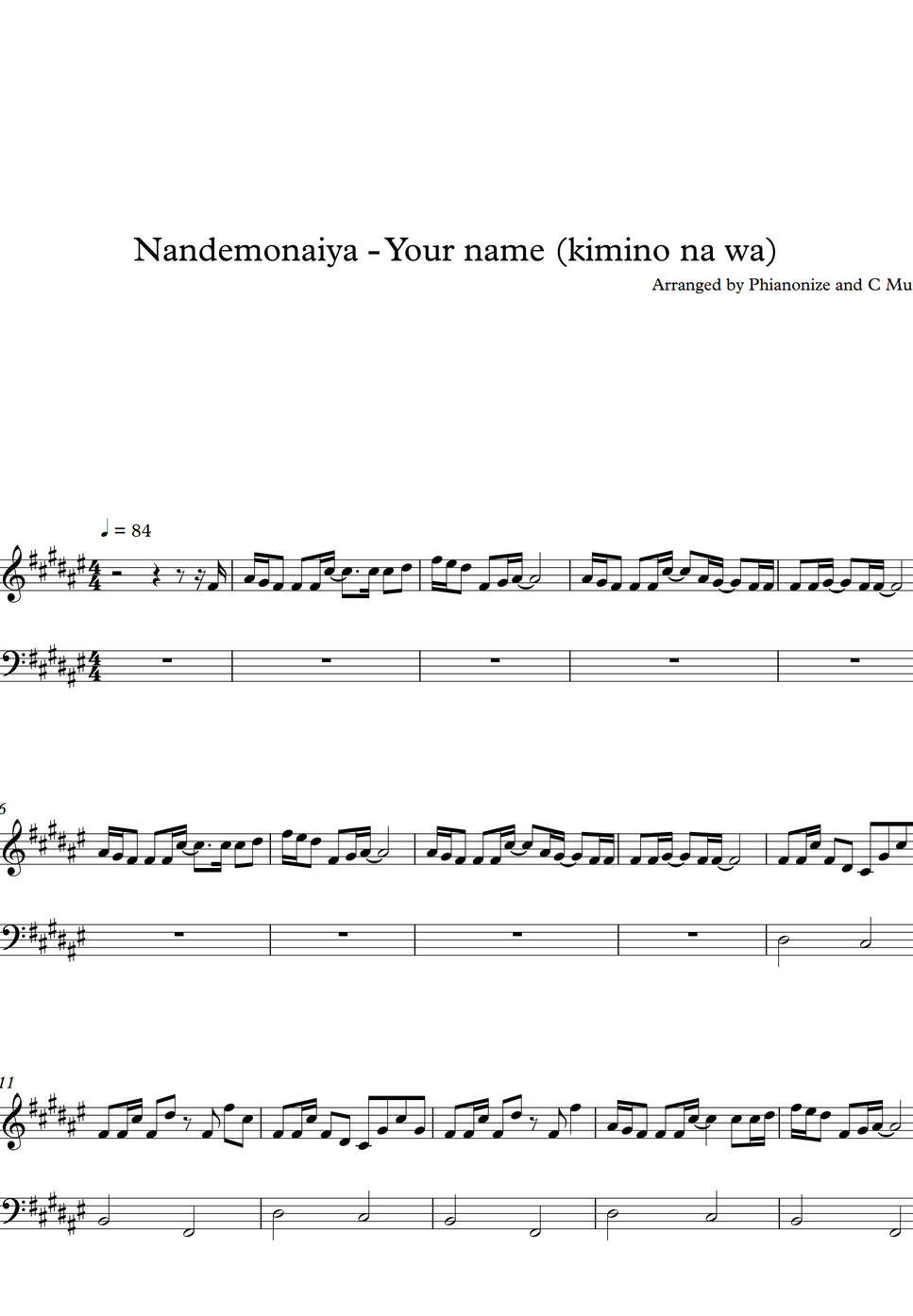 RADWIMPS - Nandemonaiya (Your Name 君の名は) by PHianonize and C Music Sheet