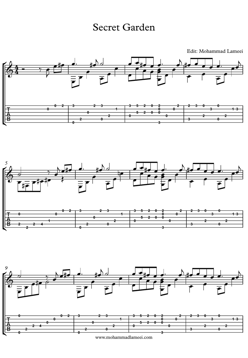 Rolf Løvland - Secret Garden by Mohammad Lameei タブ + 五線譜 楽譜