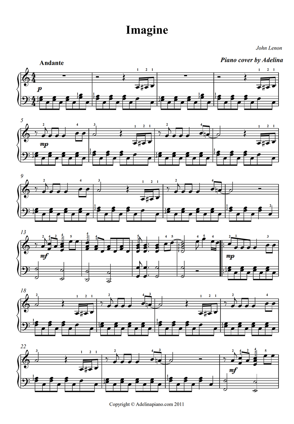 John Lennon - Imagine by Adelina Piano 악보