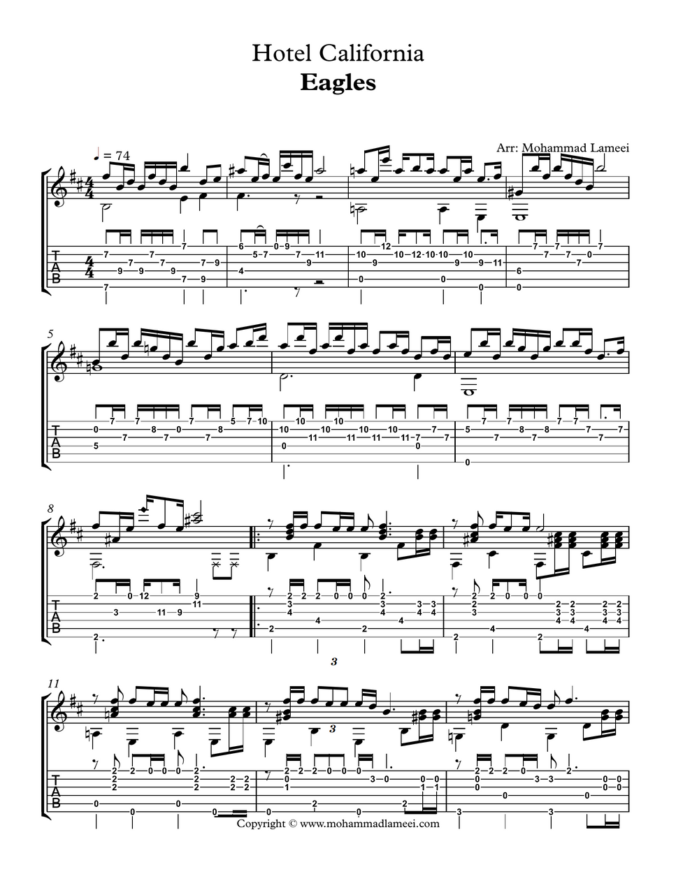 Eagles - Hotel California by Mohammad Lameei Tab + 1pentagramma Spartito