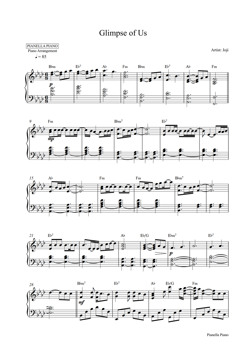 Joji - Glimpse of Us (Piano Sheet | Special Price) by Pianella Piano Sheet