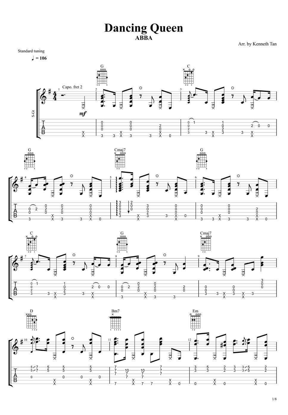 ABBA | Fingerstyle Guitar - Dancing Queen TAB by Kenneth Acoustic