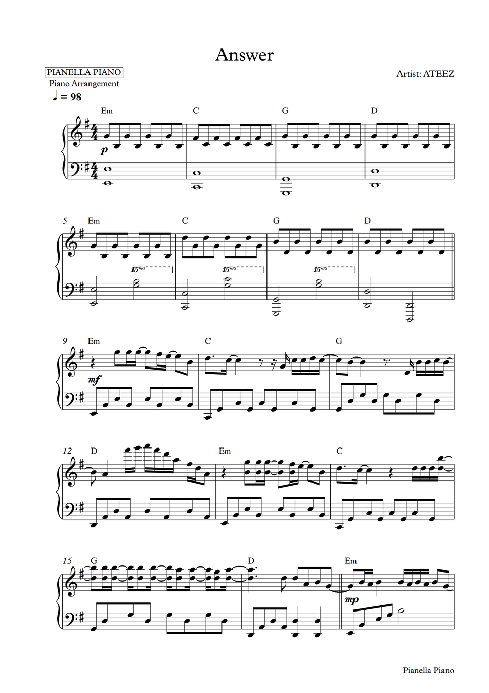 ATEEZ - Answer (Piano Sheet) by Pianella Piano 樂譜