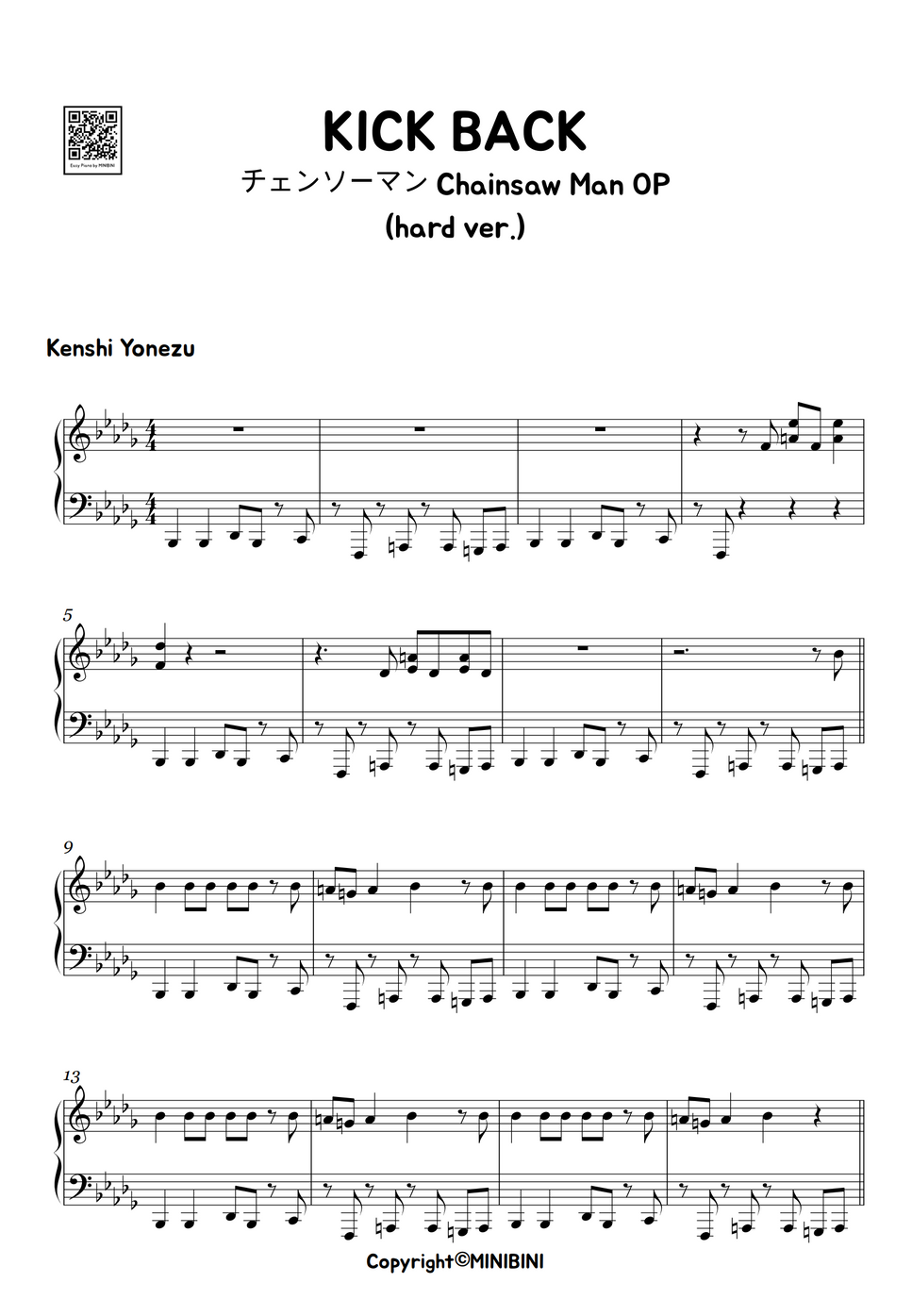 Kenshi Yonezu - KICK BACK ([Chainsaw Man OP]) by MINIBINI Sheet