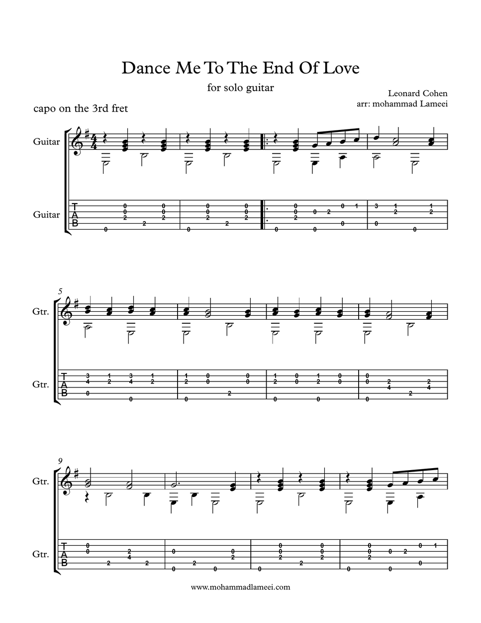 Leonard Cohen - Dance me to the end of love by Mohammad Lameei แทป + บรรทัด 5 เส้น 1 ชุด แผ่น