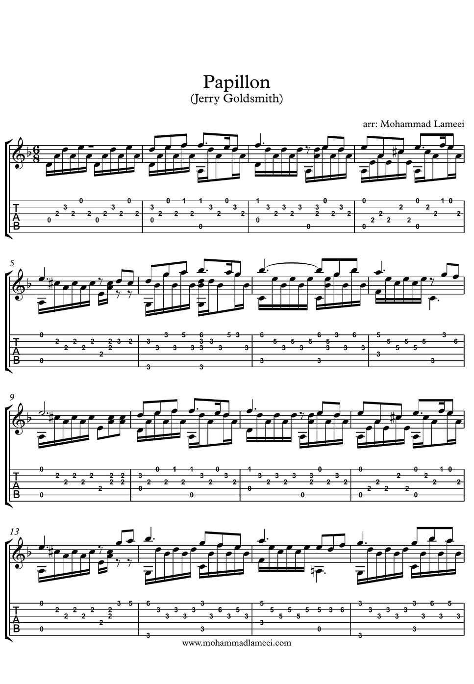 Gerry Goldsmith - Papillon Hard Version by Mohammad Lameei Tab + 단선 악보 악보