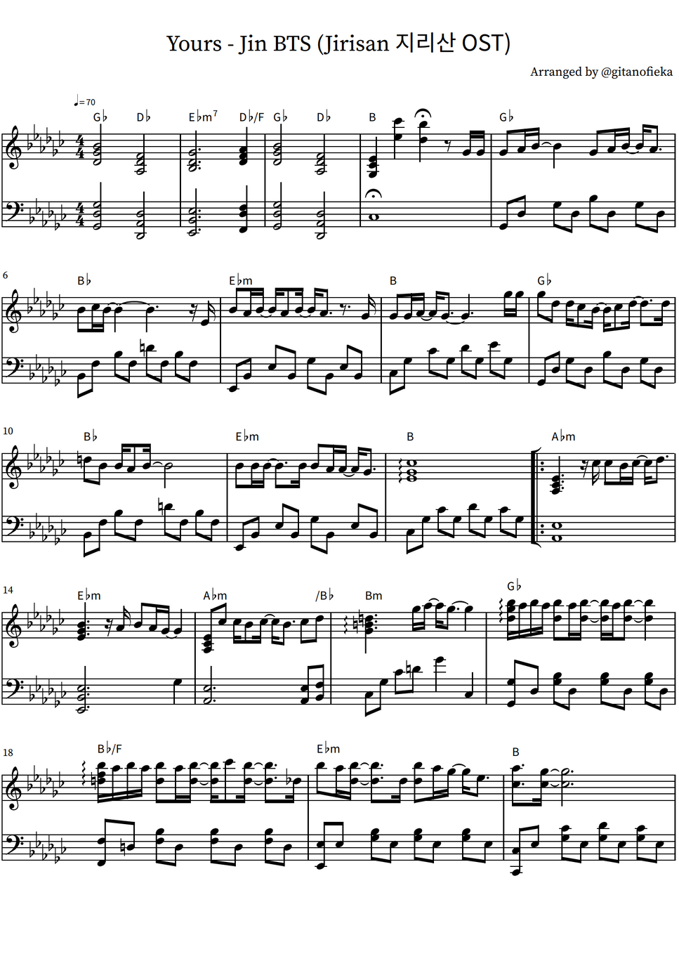 Jin BTS - Yours (Jirisan 지리산 OST) by Gita Nofieka Dwijayati Sheet