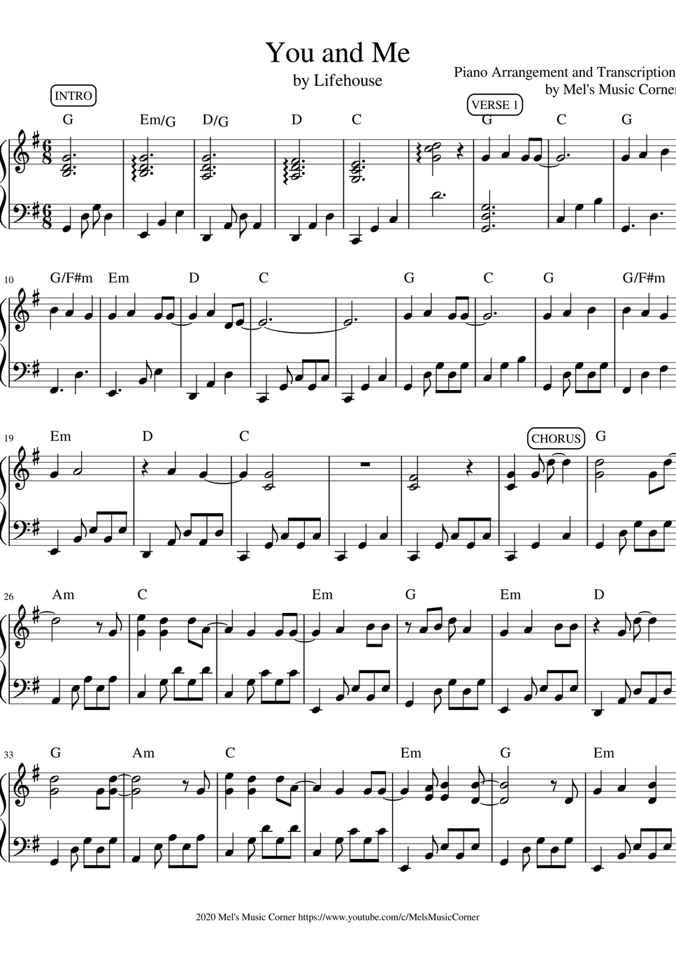 Lifehouse - You and Me (piano sheet music) Notenblatt by Mel's Music Corner