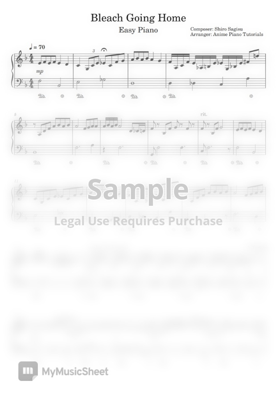 Shiro Sagisu - Bleach Going Home by Anime Piano Tutorials Sheet