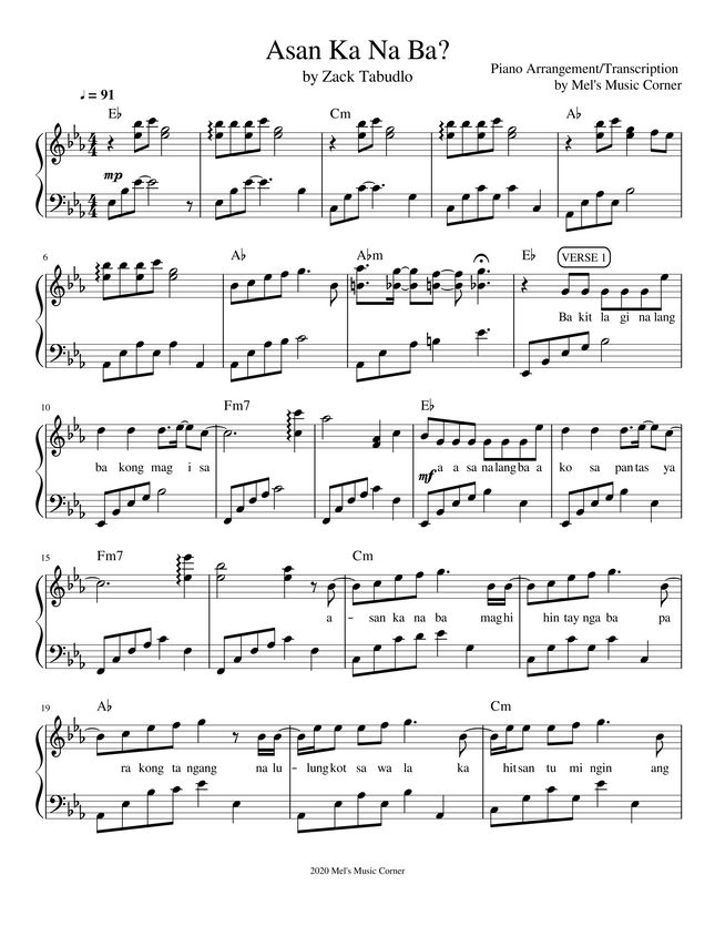 Zack Tabudlo - Asan Ka Na Ba (piano sheet music) by Mel's Music Corner Sheet Music