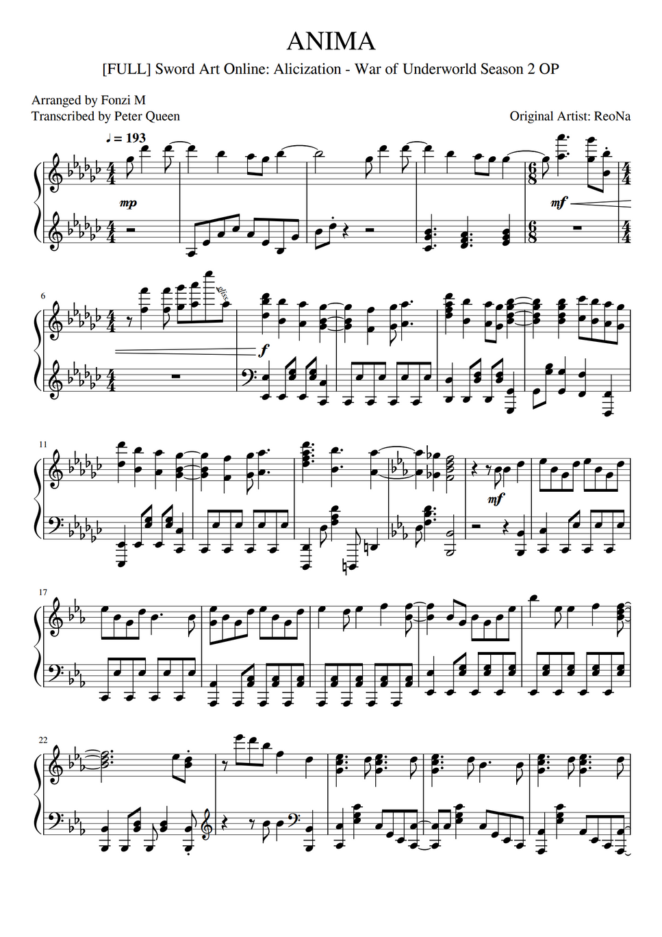 ReoNa - Sword Art Online: Alicization - War of Underworld Season 2 OP - "ANIMA" by Fonzi M Sheet