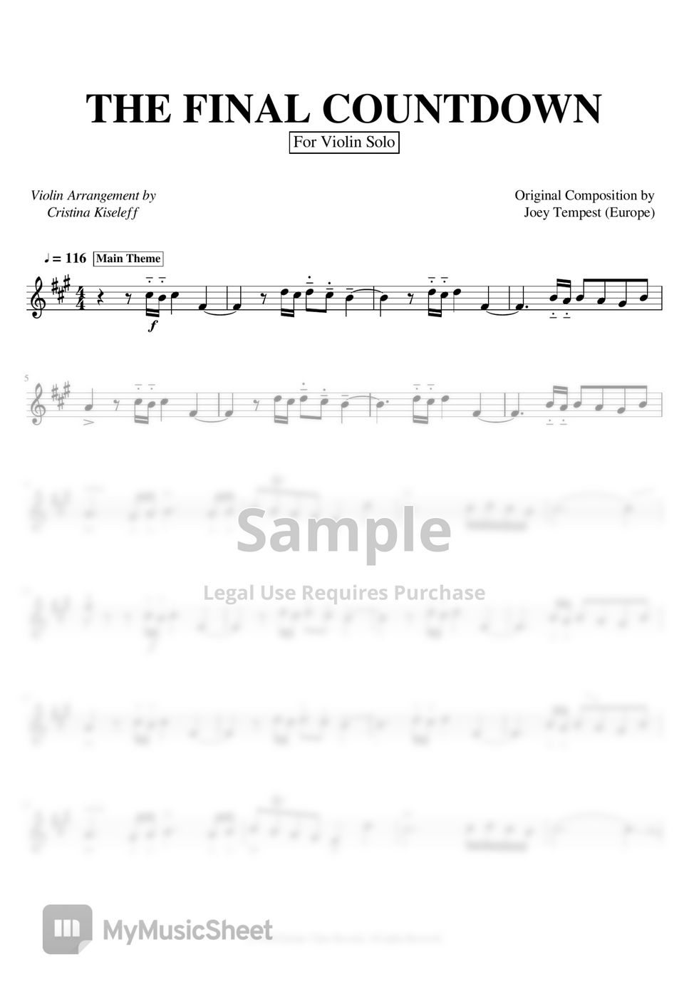 Europe - THE FINAL COUNTDOWN (For Violin Solo) 악보 by Cristina Kiseleff