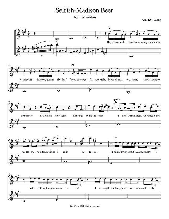 Madison Beer - Selfish (Violin Duet) by KC Wong Sheet Music