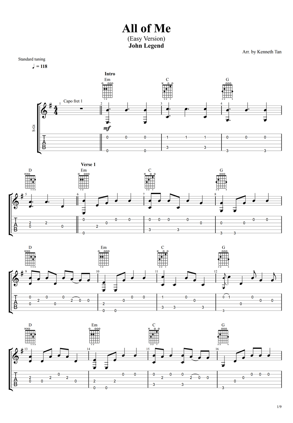 John Legend | Fingerstyle Guitar - All of Me (Easy Version) by Kenneth ...