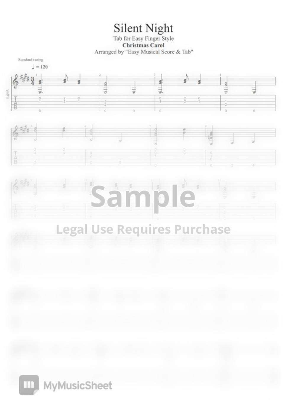 Christmas Carol - "Silent Night" (Tab for Easy Finger Style) Tab ...