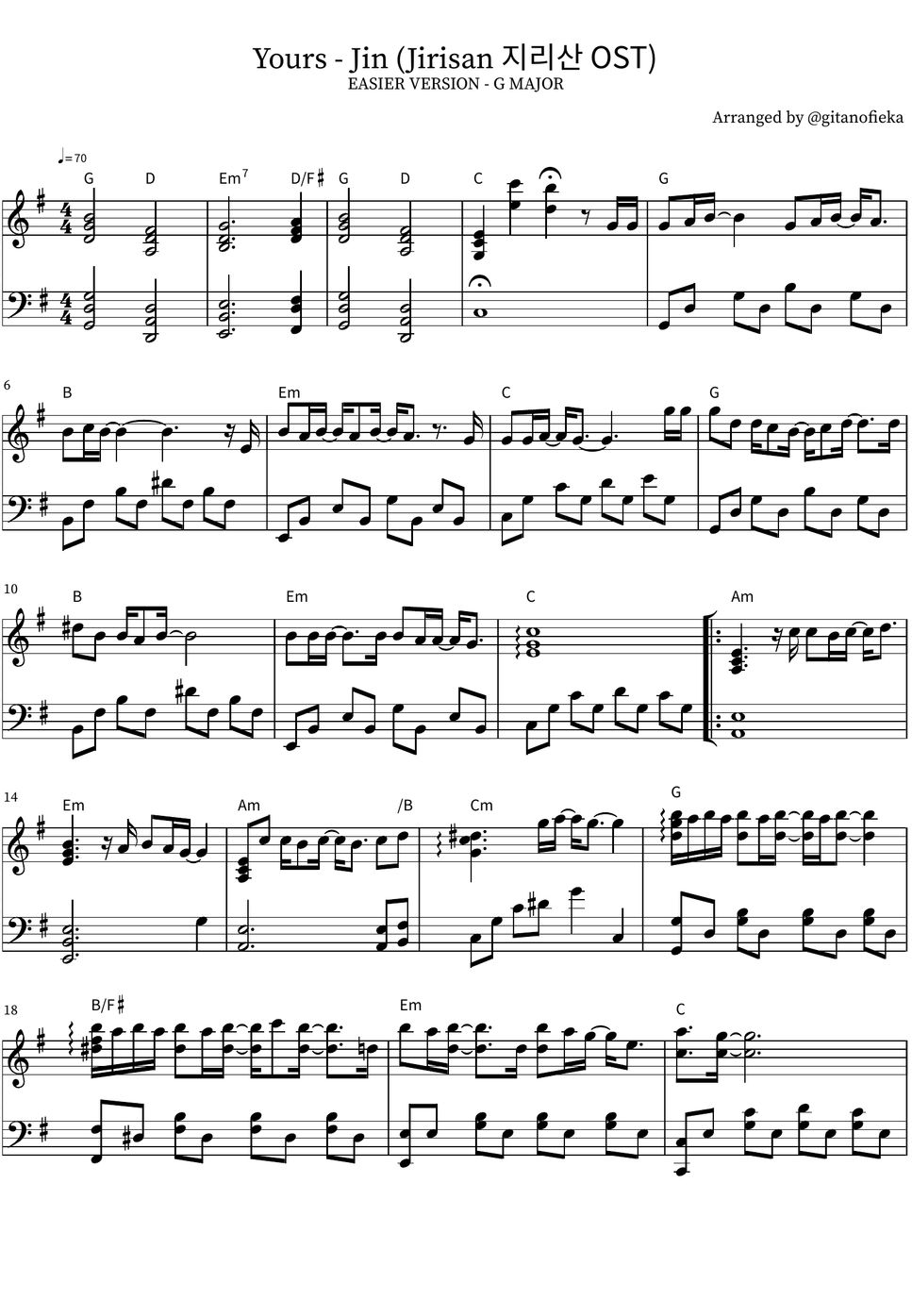 JIN BTS - Yours (Jirisan 지리산 OST) - EASIER VERSION Spartito by Gita Nofieka Dwijayati