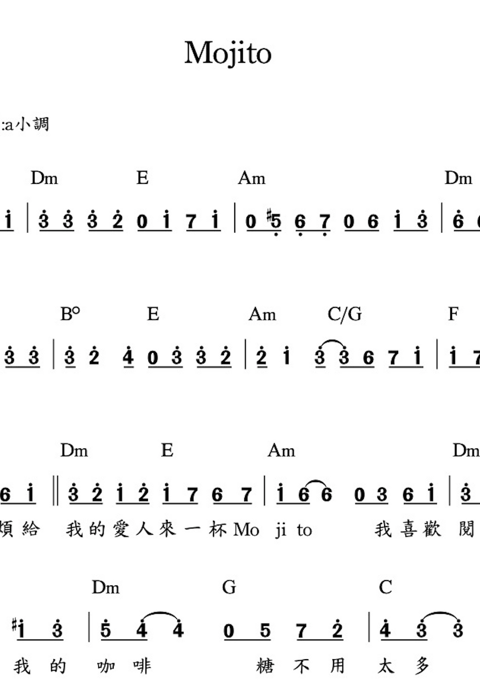 周杰倫(Jay Chou) - Mojito (單行簡譜) by LouisLiao Sheet