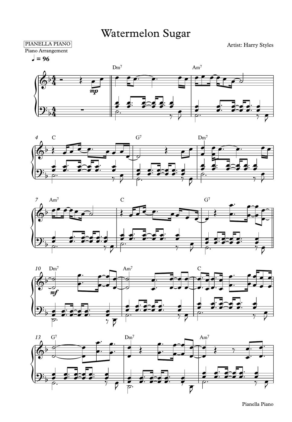 Harry Styles - Watermelon Sugar (Piano Sheet) Partitura by Pianella Piano