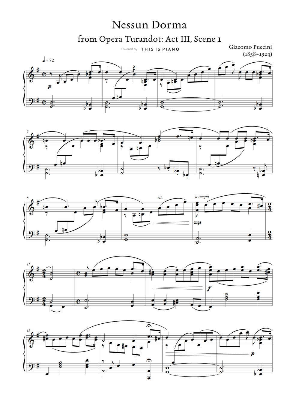 Giacomo Puccini - Nessun Dorma (Opera Turandot, Intermediate Version) by THIS IS PIANO Sheet