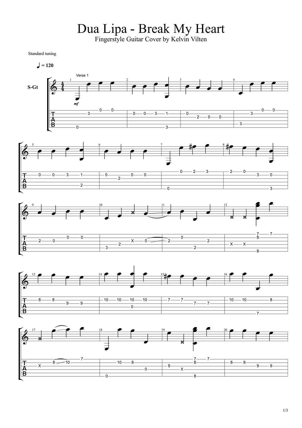 Dua Lipa Break My Heart By Kelvin Vilten Sheet